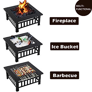 YRLLENSDAN 32 inch Fire Pit Table with Spark Screen Metal Outdoor Multiuse BBQ Firepit & Waterproof Mesh Cover for Camping Picnic, Wood Burning Heating