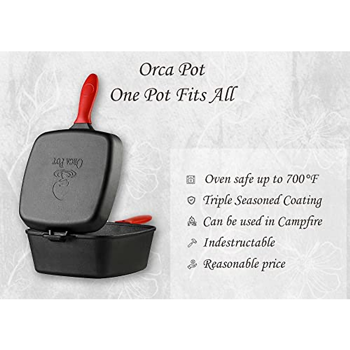 Orca pot 5in1 Cast Iron 6.5 Qt Dutch Oven Cooking Pot with Glass Lid, Cooking Pot for Baking, Frying, Steaming, Cast Iron Grill Lid, Steaming Plate & Basket