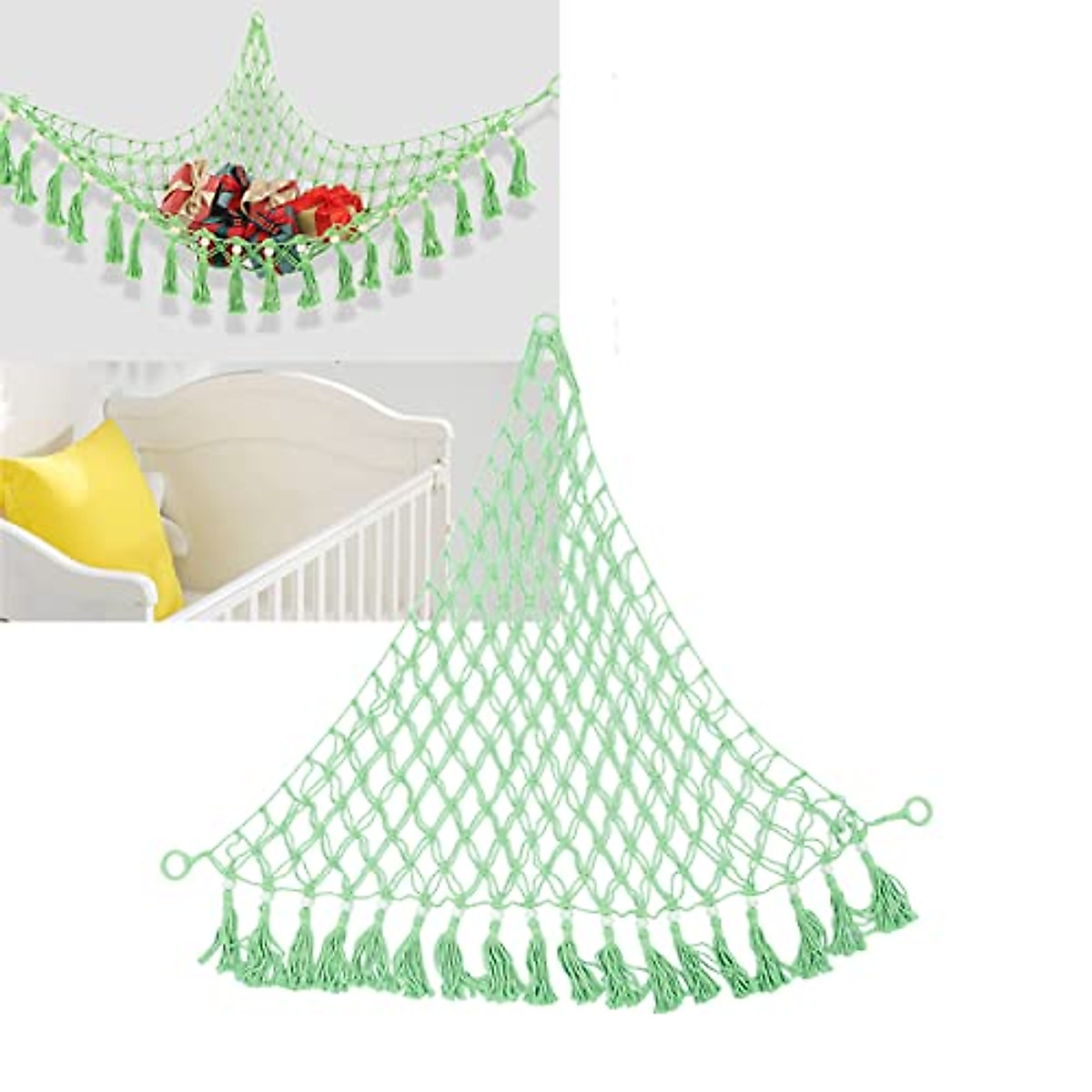 Toy Storage Hammock Tassel Sturdy Cotton Rope Stuffed Animal Storage Net Fruit Green