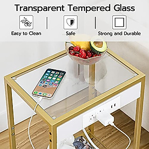 HOOBRO Side Table with Charging Station, 3-Tier Slim Nightstand with Storage Shelves, End Table with USB Ports & Power Outlets, Tempered Glass, Modern Style, for Living Room, Bedroom, Gold GD77UBZ01