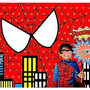 Red Spider Web Photography Backdrop Baby Shower Photo Booth Studio Props Supplies Super Heros Cityscape Photo Background Vinyl 5x3ft Children Boys 1st Birthday Party Banner Decorations Dessert Table