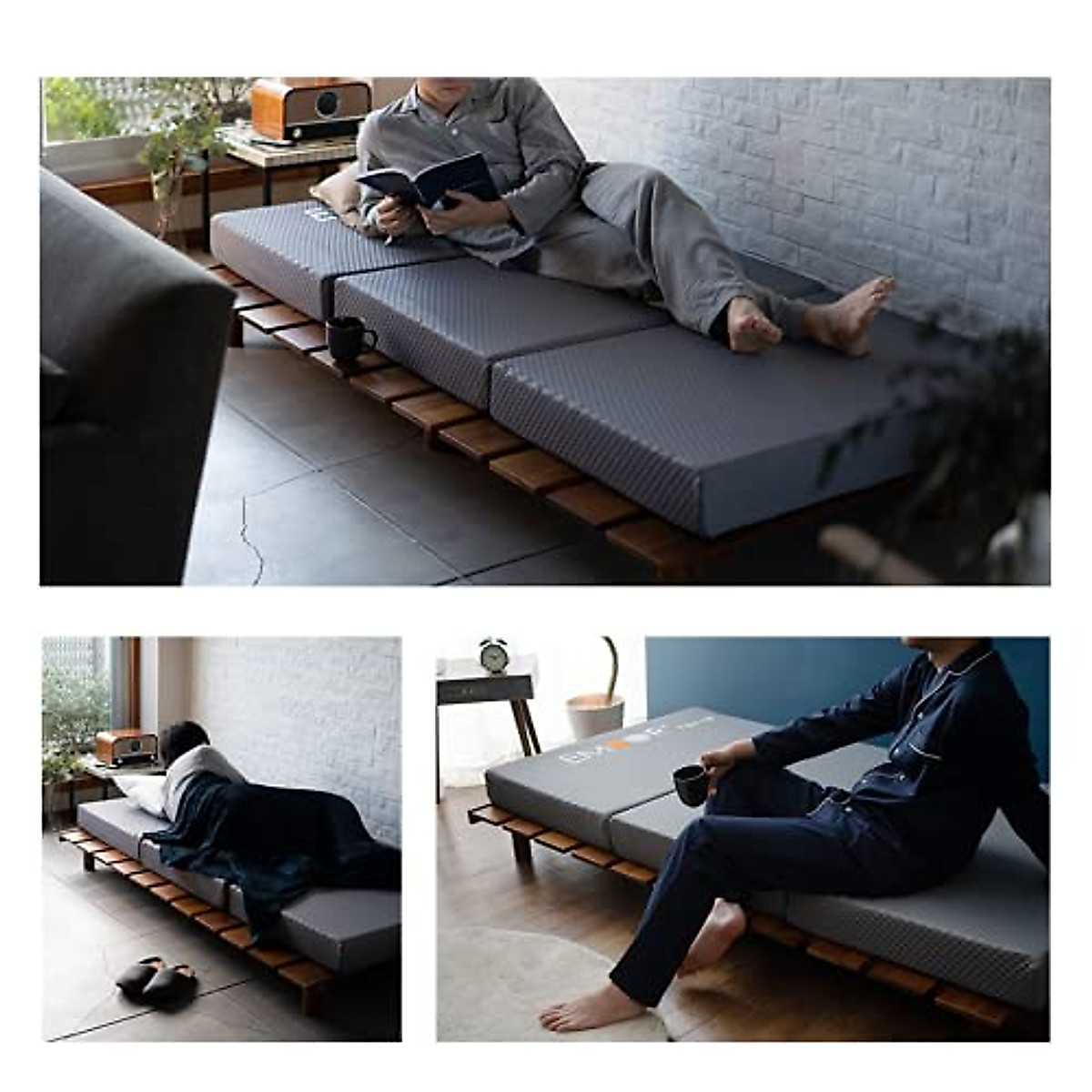 EMOOR 5-in Tri-Fold Mattress Grand High Resilience (220/180N) Urethane Foam, Japanese Twin Size (39 x 76.7in), Removable Cover Floor Sleeping Futon Bed Tatami Portable, Gray