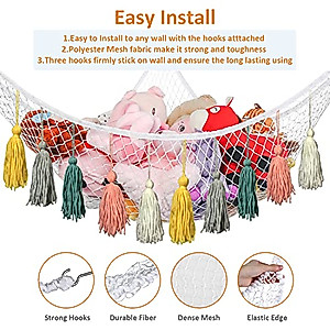KOHUIJOO Stuffed Animal Hammock, Jumbo Stuffed Animal Net Corner Wall Hanging Toy Hammock with Tassels Kids Macrame Stuff Animals Organizer Storage Boho Mesh Toy Net Holder for Stuff Animals