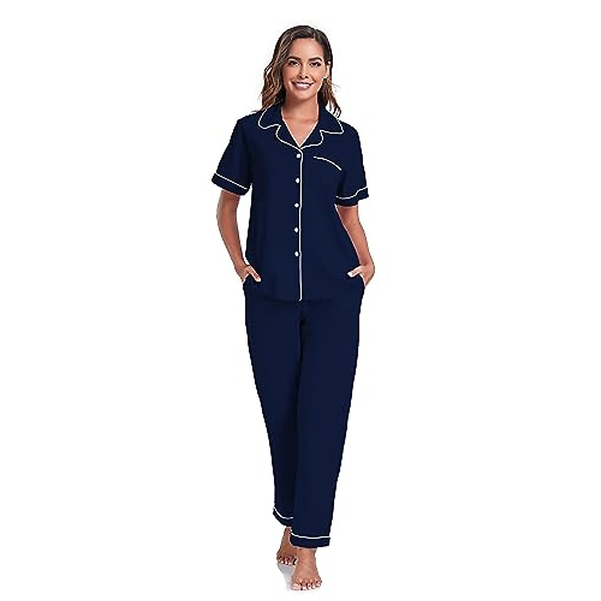 COLORFULLEAF Women's 100% Cotton Pajama Set Summer Button Down Short Sleeve Shirt and Long Pants Sleepwear Soft Lounge Sets(Navy Blue, L)