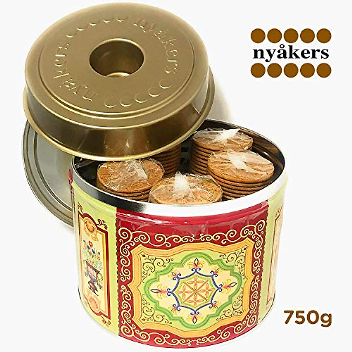 Nyakers Gingerbread Snaps Cookie Tin, Finest Ginger Snaps Original Flavor Swedish Cookie, 750 g - 26.45 oz - 1.65 lbs, With Protective Insert