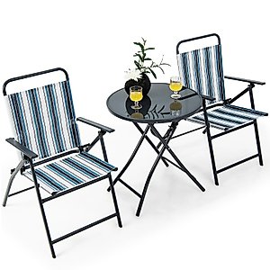 Tangkula 3 Piece Outdoor Folding Chair Set, 2 Folding Chairs with Folding Table, Heavy-Duty Metal Frame, Outdoor Dining Chair Set, Portable Patio Bistro Set for Backyard, Poolside, Balcony