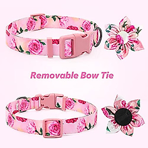 Pink Dog Collar Floral Girl Dog Collar with Rose Flower Bow Tie Dog Collar for Cute Girl Female Cats Dogs Spring Summer Season Dog Collar for Puppy Small Medium Large Dogs Best Gift for Your Furbaby