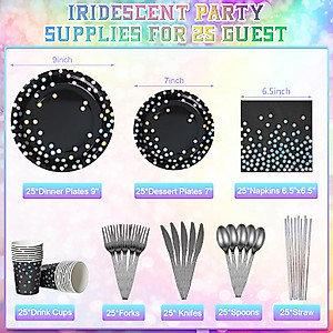 Black and Iridescent Silver Dot Party Decorations Serve 25, Black Holographic Paper Plates and Napkins, Disposable Party Plates Cups Napkins for Fathers Day Retirement Birthday Graduation Prom Party