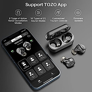 TOZO NC7 2022 Hybrid Active Noise Cancelling Wireless Earbuds,in-Ear Detection Headphones IPX6 Waterproof Bluetooth 5.3, Immersive Sound Premium Deep Bass Headset APP Support,Matte Black (Renewed)