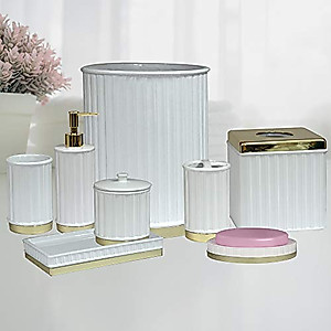 nu steel PAN-8PC/SET Panache Ceramic Bath Accessory Set for Vanity Countertops 8 Piece Includes Container, Dish,Tooth Brush, Tumbler,soap Lotion,Waste Basket,Tissue Box Holder,Tray-White/Gold