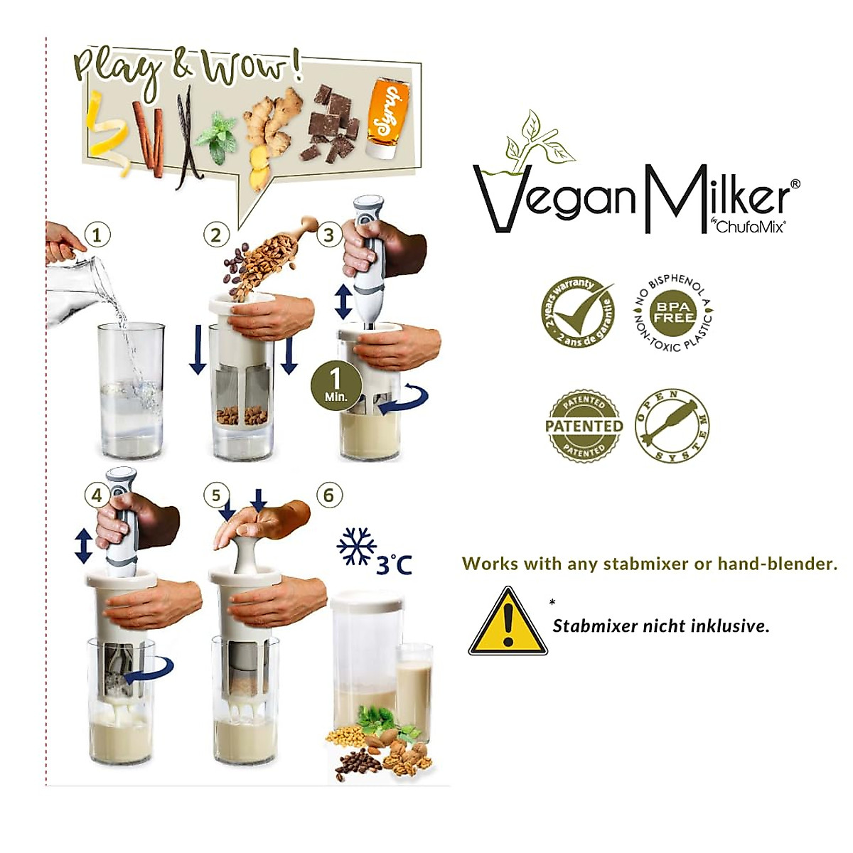 Vegan Milker Soul. Kitchen Tool to make plant milks from any nut, grain or seed. Wooden mortar. Milk Maker with Free Recipe E-Book (Soul)