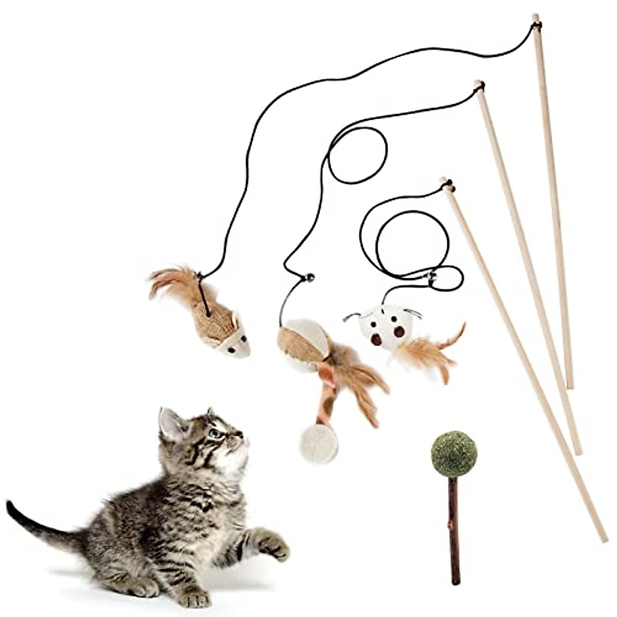 ROZZWILD Cat Teaser 3 PCS Interactive Cat Toys Set Mouse Hamster Balloon 16 inch (40 cm) Sturdy Natural Wood Rod Organic Hemp Cord Feather Elastic Rope Small Bell Catnip Lollipop