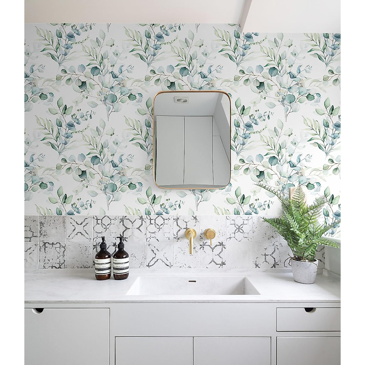 HAOKHOME Peel and Stick Wallpaper Boho Green/White Eucalyptus Leaf Floral Wall Mural Home Nursery Decor Renter Friendly Wallpaper 17.7in x 78.7in