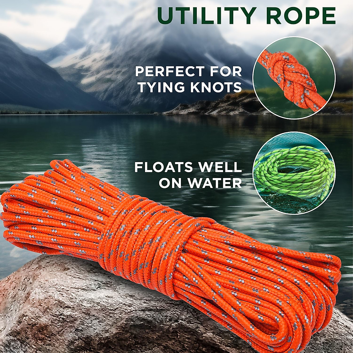 TECEUM Rope – 90 Feet x 1/4 Inch (7mm) – Orange Gray – Strong All-Purpose Utility Rope – Camping, Crafting, Flag Pole, Indoor & Outdoor – Polypropylene Nylon Poly Lightweight Diamond Braided Cord