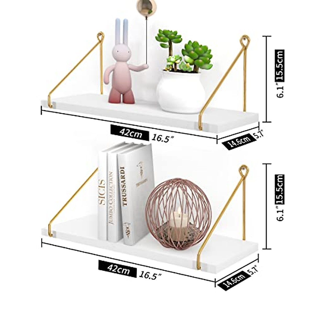 Afuly Floating Shelves Rustic Wall Shelves, Metallic Gold White Wall Mounted Shelves, Wall Hanging Storage for Bathroom Kitchen Bedroom, Wood Metal Chic Wall Bookshelf, Set of 2…