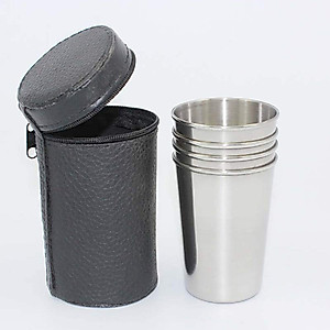 lasenersm 4 Pieces 170ml (5.7 oz) Stainless Steel Shot Cups Shot Glass Drinking Vessel with One Black PU-Leather Carrying Case Outdoor Camping Travel Coffee Tea Cup, Silver Cup, Black Case