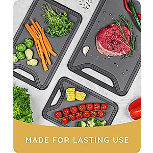 Cutting Boards for Kitchen - Plastic Cutting Board Set of 3, Dishwasher Safe Cutting Boards with Juice Grooves, Thick Chopping Boards for Meat, Veggies, Fruits, Easy Grip Handle, Non-Slip (Black/Gray)