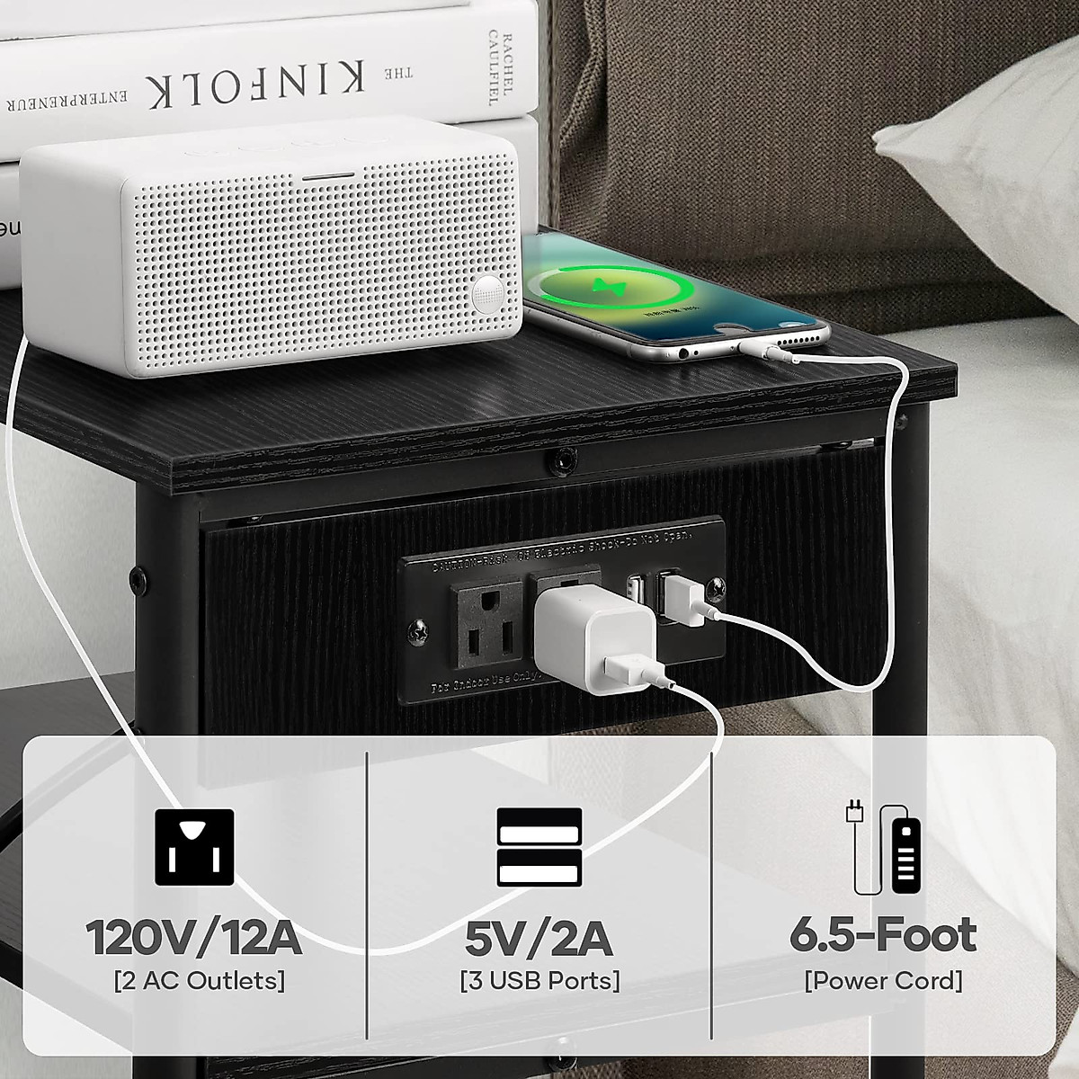 MOOACE Nightstand Black with Charging Station, 3 Tier Black Nightstand End Table with Storage Shelf, Narrow Side Table with USB Ports, for Living Room, Bedroom and Balcony, Black