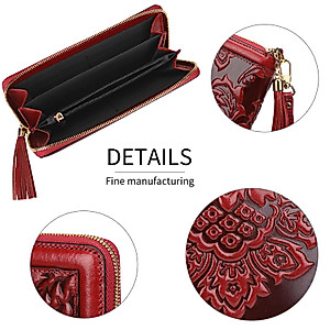 PIJUSHI Leather Wallets For Women Floral Wristlet Wallet Card Holder Purse (91853 Red)