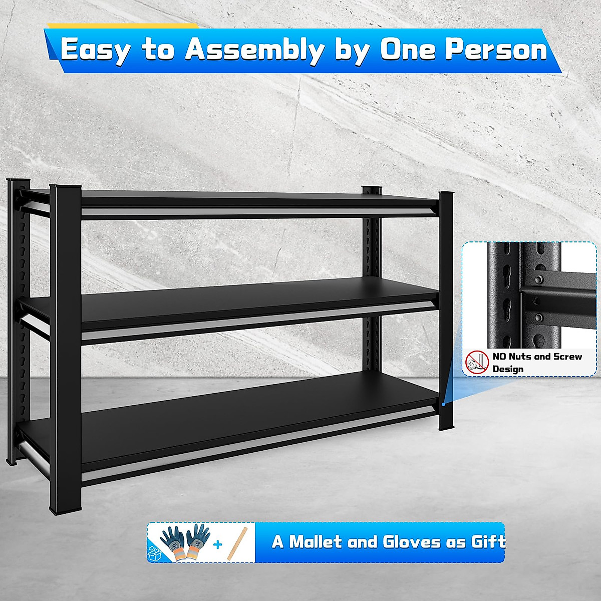 Rufokisa 3-Tier Garage Shelving Heavy Duty，48" W Metal Shelving Unit for Garage, 1650 lbs Load Capacity Utility Rack Shelves＆ Garage Shelves, 48”W x 18”D x 39”H(Black)