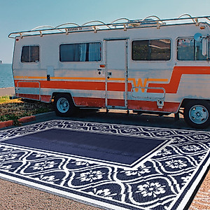 HUGEAR RV Outdoor Rug Waterproof Mat Outdoor Rugs 9'x12' for Patios Clearance Carpet Outdoor Camping Rugs Large Plastic Straw Rug (9x12ft Lantern Navy Blue&White)