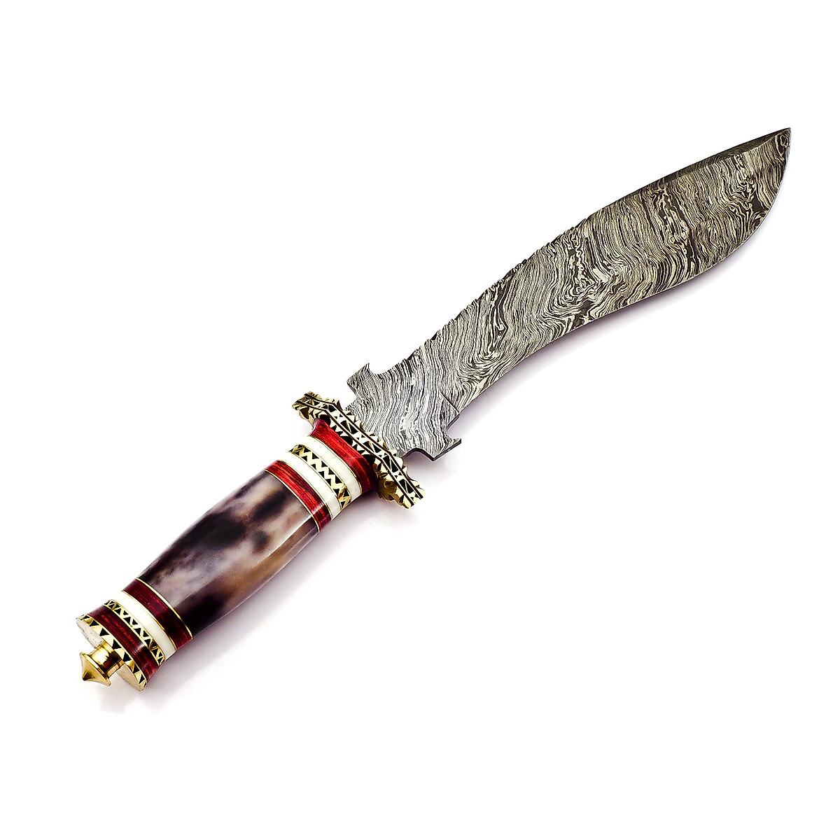 Skokie Knives Custom Damascus Steel Hunting Knife Color Camel Bone Handle with Brass Spacer -Handmade Premium Quality Edge Fixed Blade – For Multipurpose – Ideal for Survival Hunting Camping Hiking Outdoor Every Day Carry Professional Use Art of Craftsman