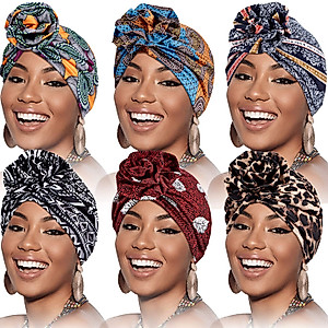 SATINIOR 6 Pieces Women Turban Flower African Pattern Headwrap Sleep Beanie Pre-Tied Bonnet Elastic Knot Cap