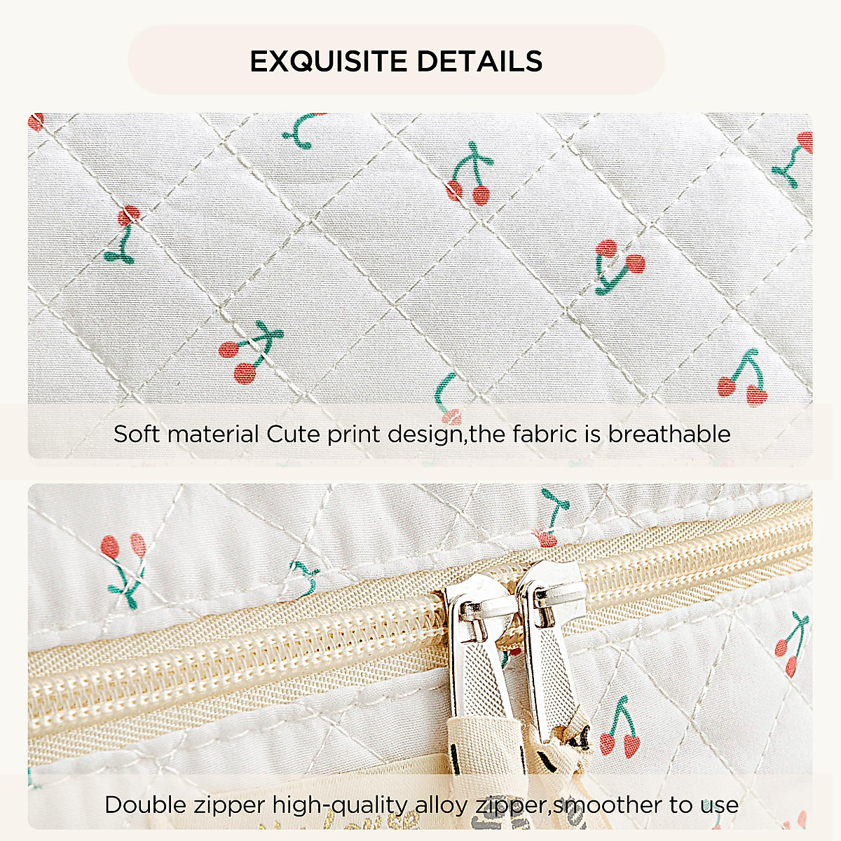 HBselect 4Pcs Cotton Quilted Makeup Bag Coquette Makeup Bag Large Travel Cosmetic Bag Aesthetic Cute Kawaii Cherry Makeup Bag Toiletry Bags Coin Purse for Women Girls