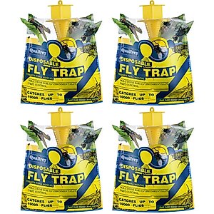 Qualirey 4 Pack Fly Traps Outdoor Hanging, Disposable Fly Killer Trap Bag Catcher for Outside Farms, Pastures, Chicken Coops, Stables, Barns, Horse, Garbage Cans, Garbage Ponds, Yard, Backyard, Patio