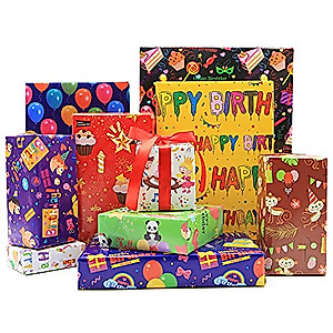 Birthday Wrapping Paper for Boys Girls Kids Women Adults,Baby Shower Gifts Wrapping Paper Set,10 Sheets Cartoon Theme 20 x 28 inches Folded Paper w/ Gift Tags and Red Ribbon for Happy Birthday Party Gift Wrap
