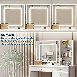 AIEGLE Large Vanity Desk Set with Sliding Lighted Mirror, Makeup Dressing Table with Hidden Shelves & Cushioned Stool, White - Sliding Lighted Mirror