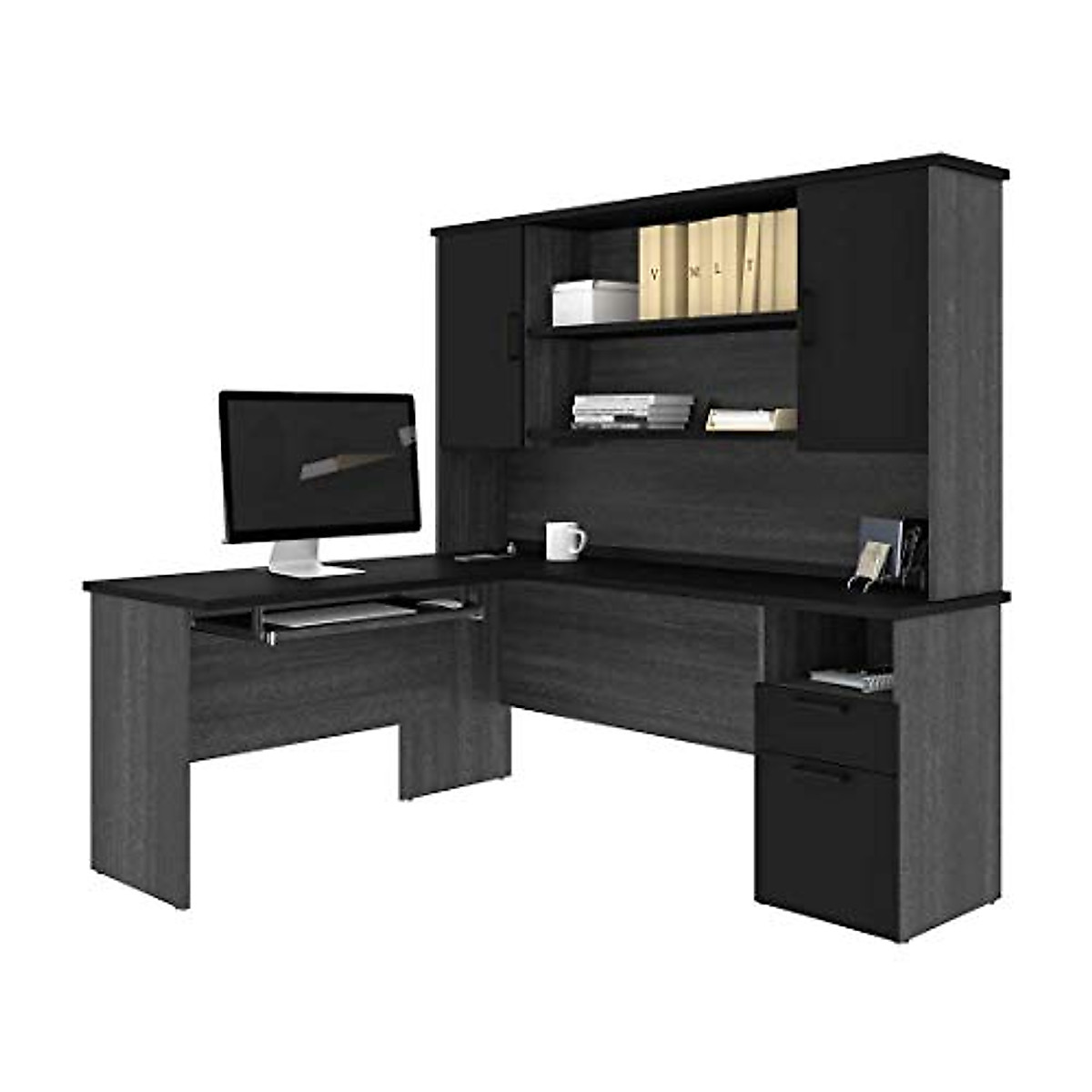 Bestar Norma L-Shaped Desk with Hutch, 71W, Black & Bark Gray