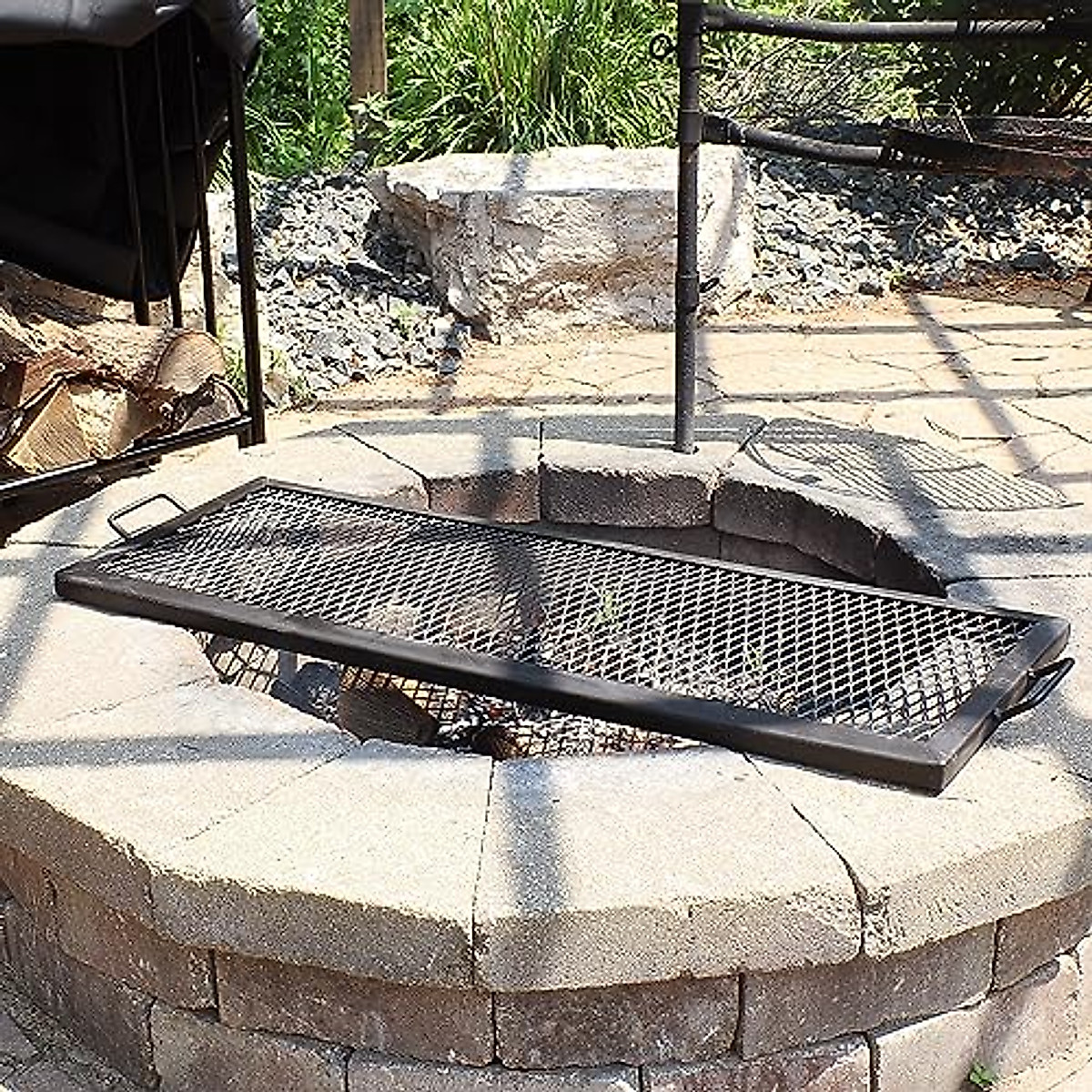 Sunnydaze X-Marks Fire Pit Cooking Grate - Outdoor Rectangle Black Steel BBQ Campfire Grill with Handles - 40-Inch