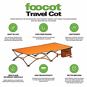 Joovy Foocot Travel Cot Featuring a Steel Frame and Tough Polyester Fabric, Storage Pocket, and Easily Folds into Included Travel Bag – Holds Kids Up to 48” Tall or 75 Lbs (Orange)
