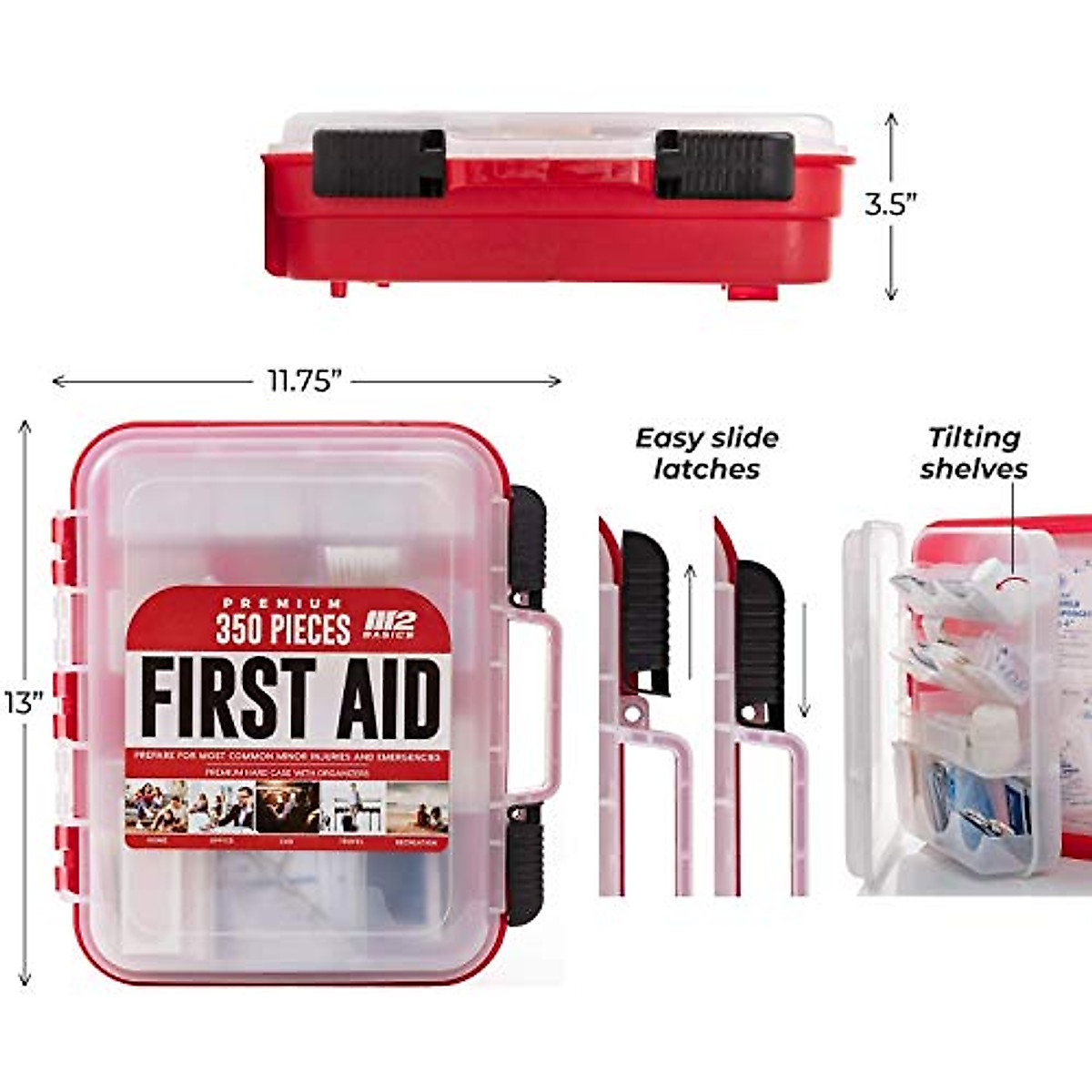 Professional 350 Piece Emergency First Aid Kit | Business & Home Medical Supplies | Hard Case, Dual Layer, Wall Mountable | Office, Car, School, Camping, Hunting, Sports