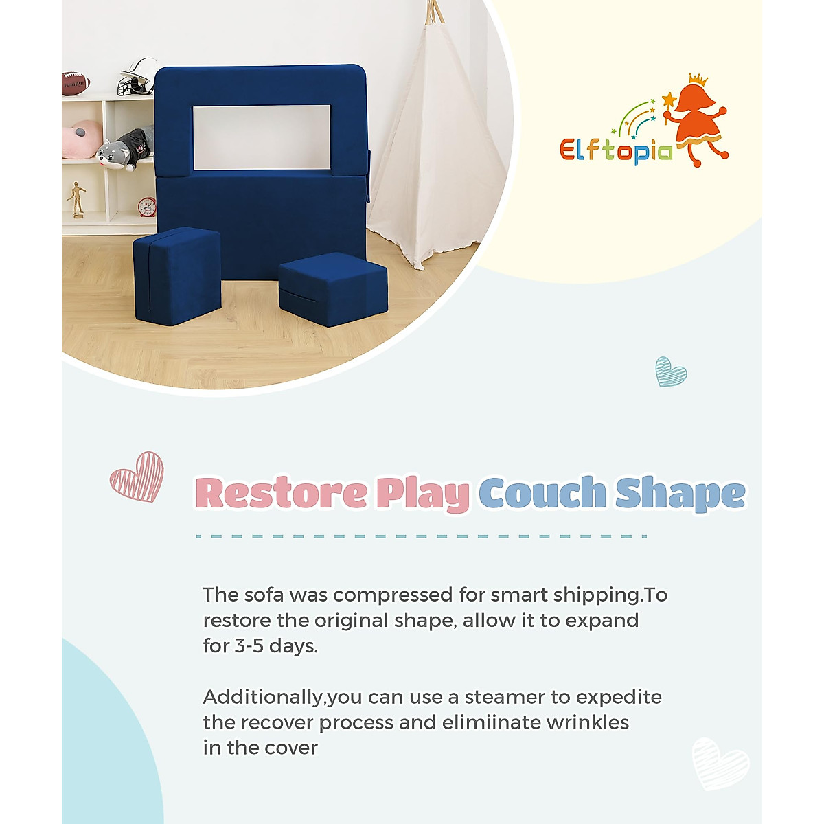 Elftopia Modular Kids Sofa,Toddler Couch Foam Armchair for Kids, Children Convertible Plush Sofa Play Set,Fold Out Sofa Bed(Navy)