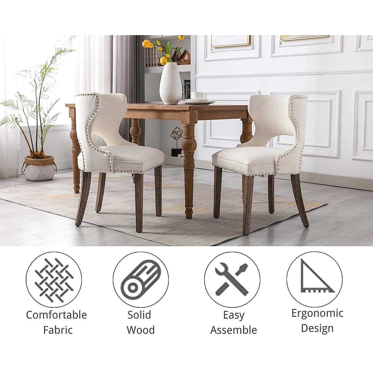 CIMOTA Mid Century Modern Dining Chairs Set of 2, Upholstered Dining Room Chairs Comfy Armless Side Chairs with Open Back/Nailhead Trim for Kitchen/Dining Room/Living Room, Linen Beige/2PCS