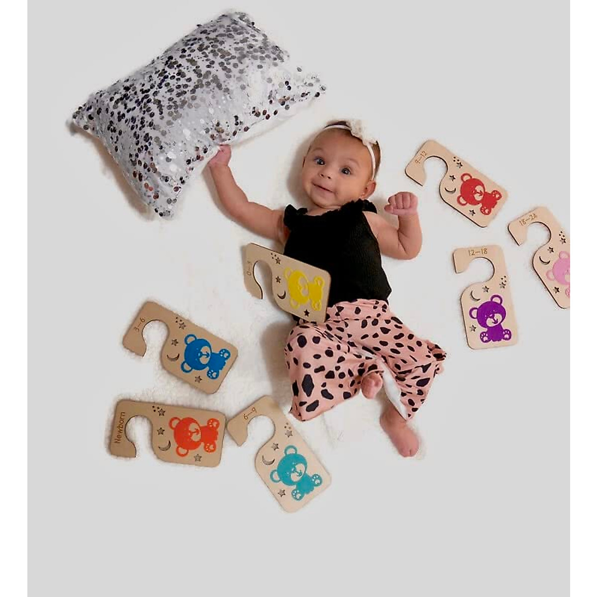 Wooden Baby Closet Dividers for Baby Nursery – 7Pcs Premium Wooden Hanging Organizer for Baby Clothes – Cute Felt Baby Cub Design Closet Dividers for Hanging Clothes – Easy to Install