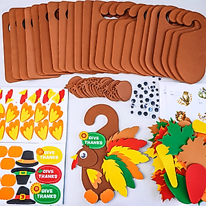 Winlyn 24 Sets Thanksgiving Turkey Doorknob Hanger Decorations Art Sets DIY Thanksgiving Craft Kits Fall Crafts Give Thanks Turkey Foam Stickers Arts and Crafts for Kids Party Classroom Activities