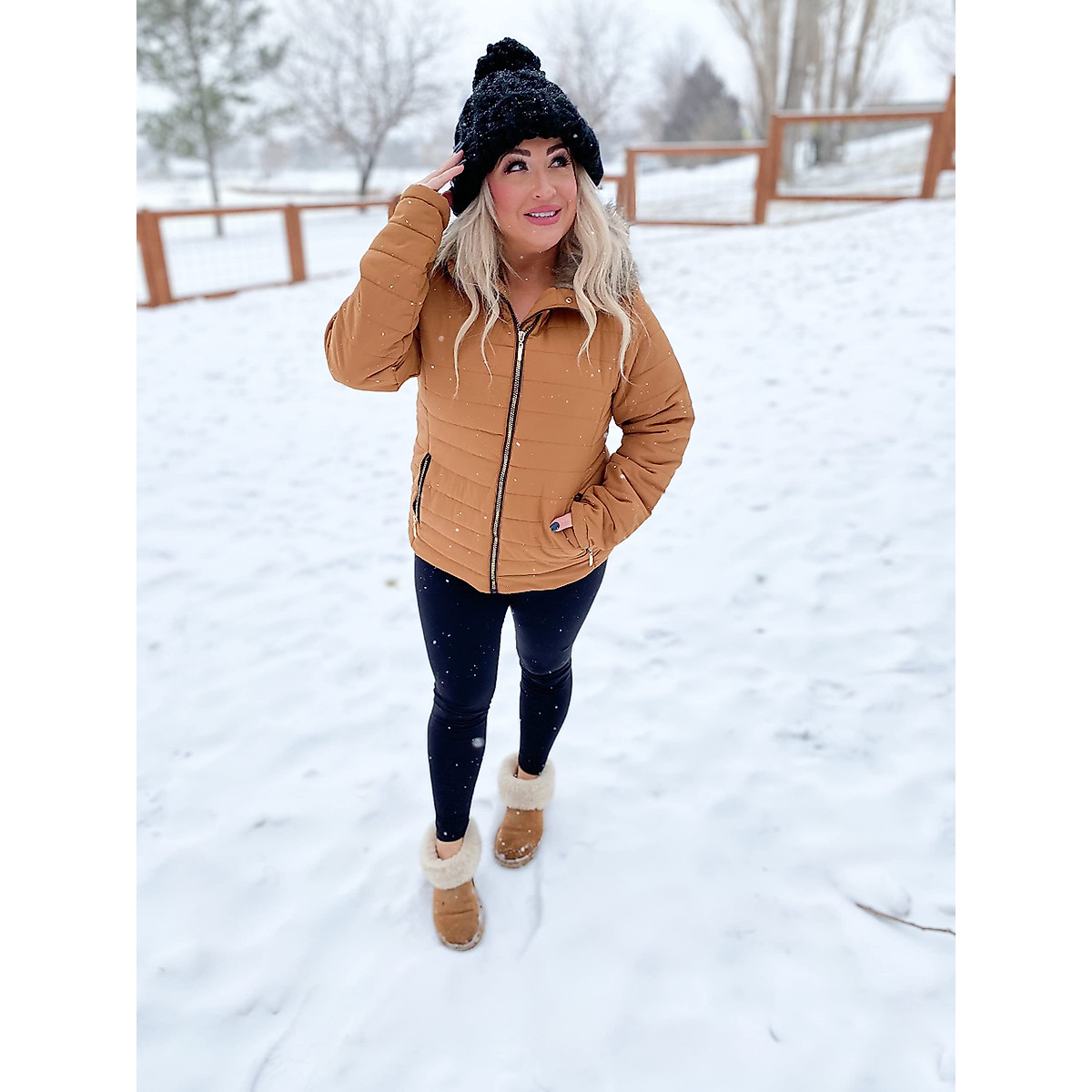 Vetinee Women Casual Faux Fur Lapel Zip Pockets Quilted Parka Jacket Puffer Coat Almond Brown X-Large (Fits US 16-US 18)