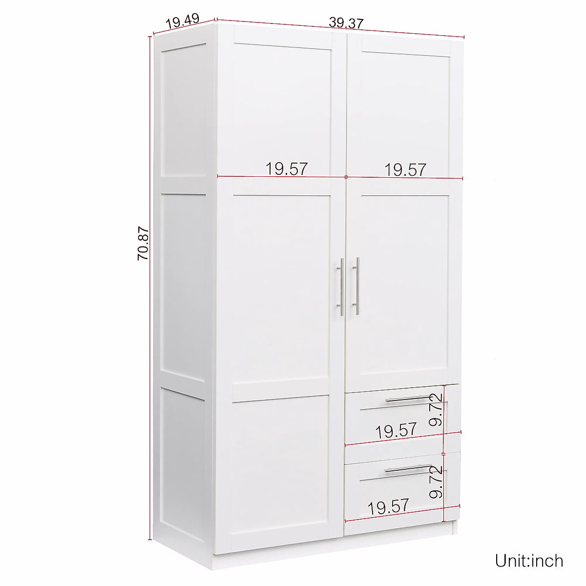 High Wardrobe and Kitchen Cabinet with 2 Doors, 2 Drawers and 5 Storage Spaces,White