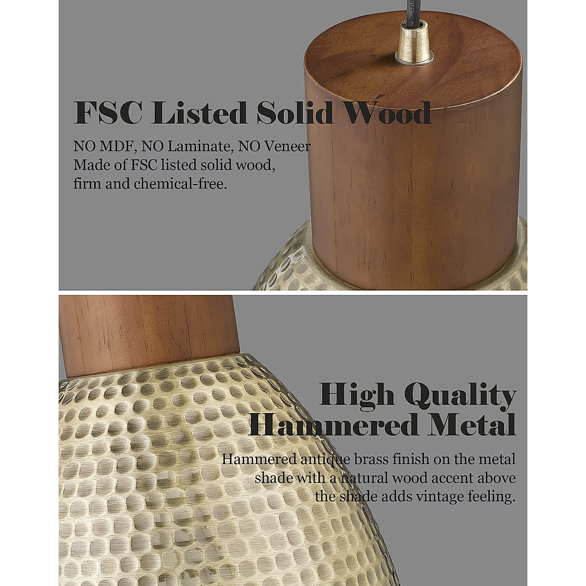 ELYONA Vintage Hammered Pendant Light Fixtures, 10.2” Industrial Metal Hanging Bar Lamp, Solid Wood Antique Gold Adjustable Pendant Light for Kitchen Island, Farmhouse, Dining Room, Brushed Brass