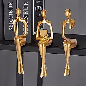 3Pcs Gold Decor Thinker Statue Abstract Art Sculpture Decorations Reading Women Figurine Modern Sitting Shelf Decor for Home Decor Living Room Bookshelf Coffee Table Desktop Office Decoration(Gold)