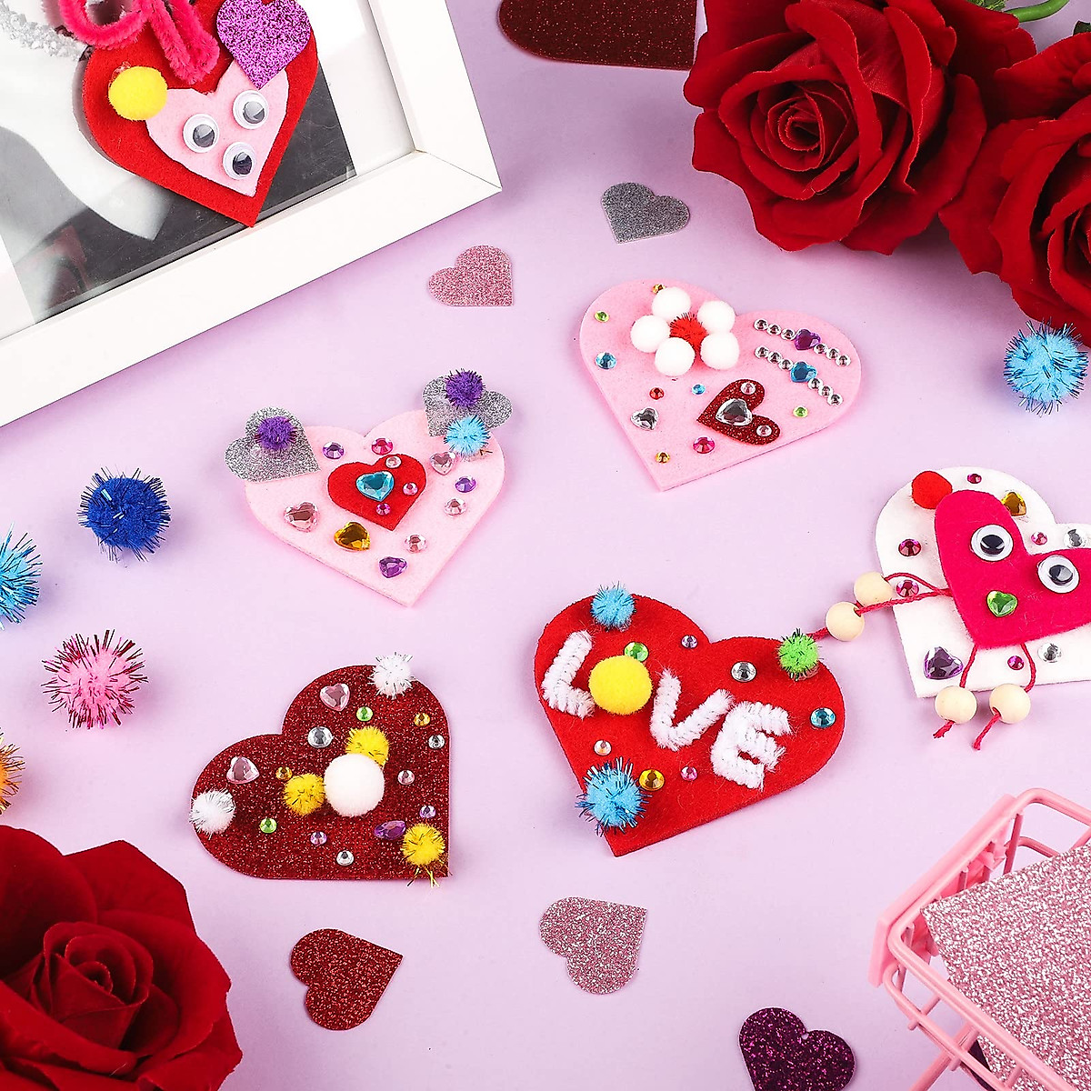 400 Pieces DIY Valentines Heart Craft Set DIY Felt Heart/Owl Craft Supplies Assorted Heart Shapes Felt with Pom Poms Cleaners Googly Eyes for Valentines Party Favor Decoration (Heart)