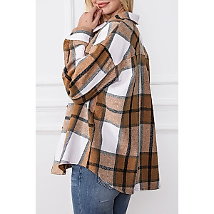 Womens Oversized Flannel Jacket Shirts Button Down Long Sleeve Shacket Trendy Winter Clothes Plus Size Apricot