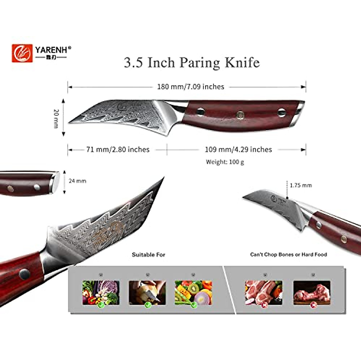 YARENH Bird's Beak Paring Knife - 67-Layer Damascus Steel - Super Sharp Blade for Peeling Fruit - African Sandalwood Handle