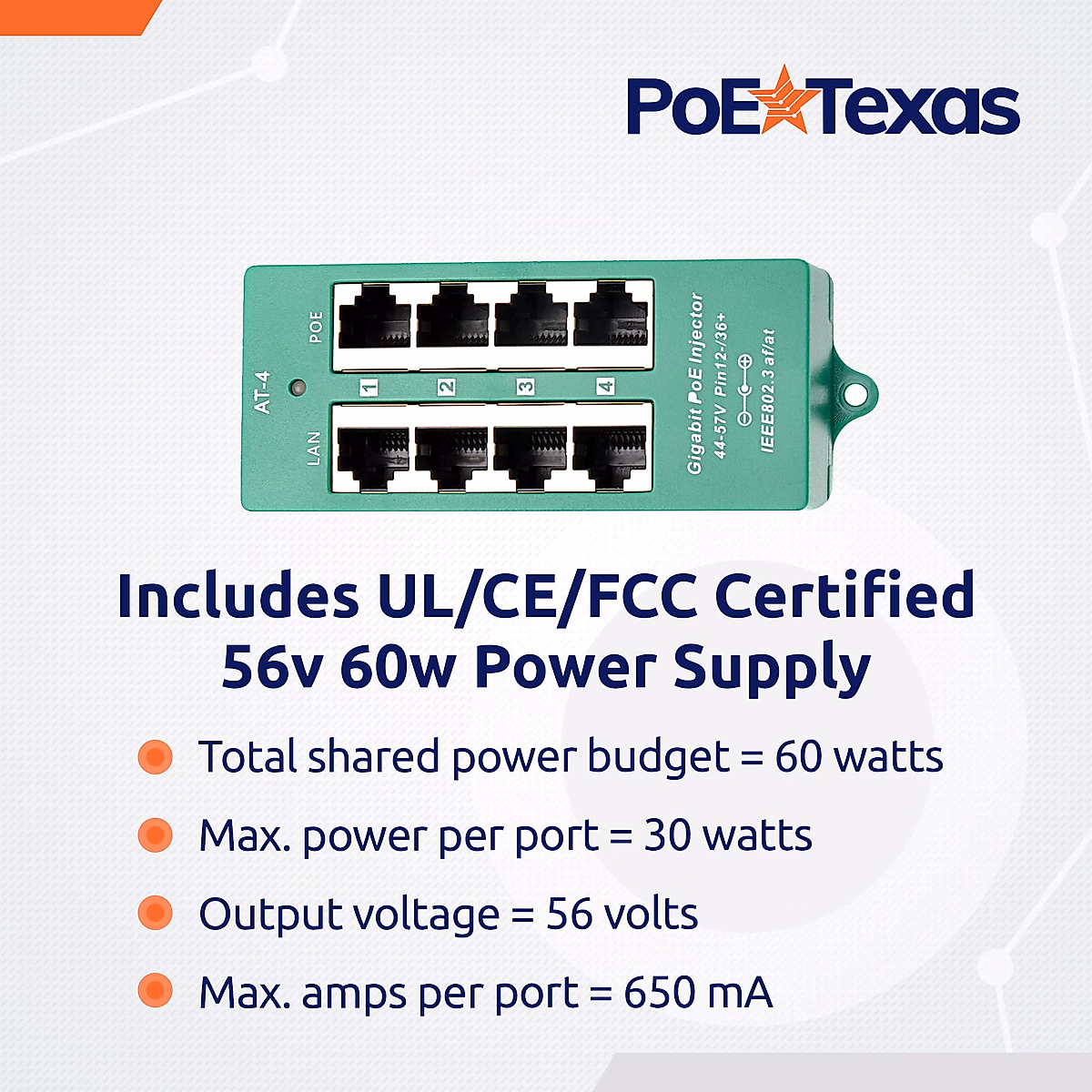 PoE Texas 4 Port PoE/PoE+ Injector with 56V 60W Power Supply - Gigabit Injector - Active Mode A Power Over Ethernet Multi Port PoE Adapter - Supports 4 PoE (802.3af or at) up to 60 watts
