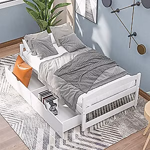 Majnesvon Twin Size Platform Bed with Two Drawers, Solid Wood Daybed Frame for Bedroom Guest Room, Storage Bed, No Box Spring Needed (Pine Wood, White)