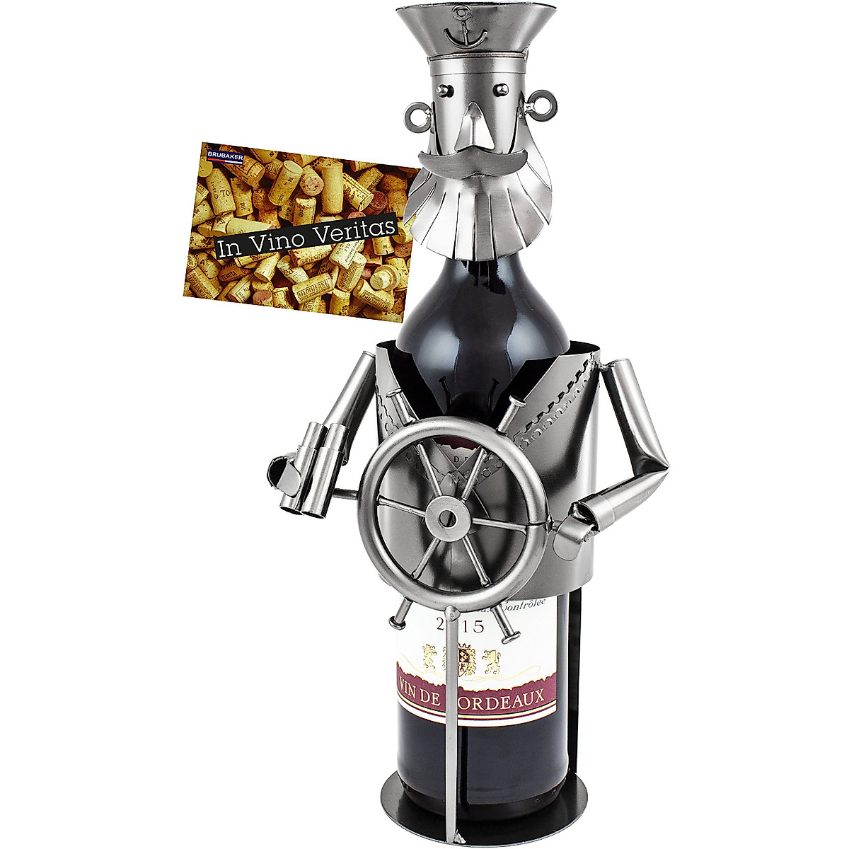 BRUBAKER Wine Bottle Holder 'Boat Captain' - Metal Sculpture - Wine Rack Decor - Tabletop - incl. Greeting Card