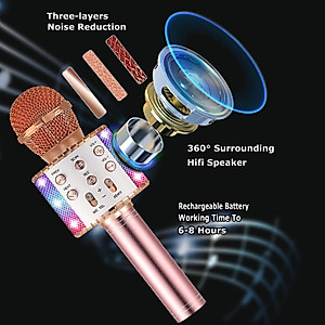 Geronmine Wireless Bluetooth Karaoke Microphone for Kids, Portable Handheld 5 in 1 Karaoke Mic Speaker Machine Birthday Home Party Gift for Kid Adults